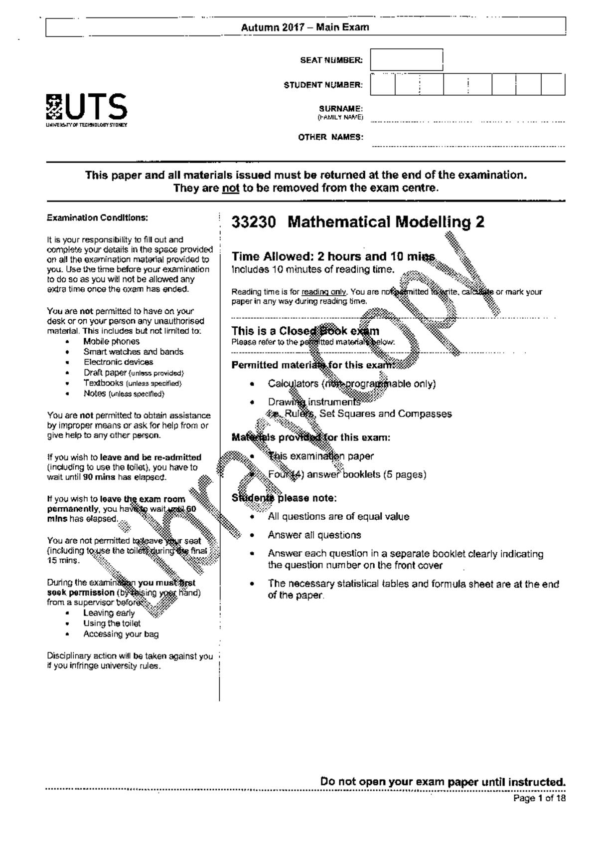 33230 Mathematical Modelling 2 - Practice Exam Guide - Studocu