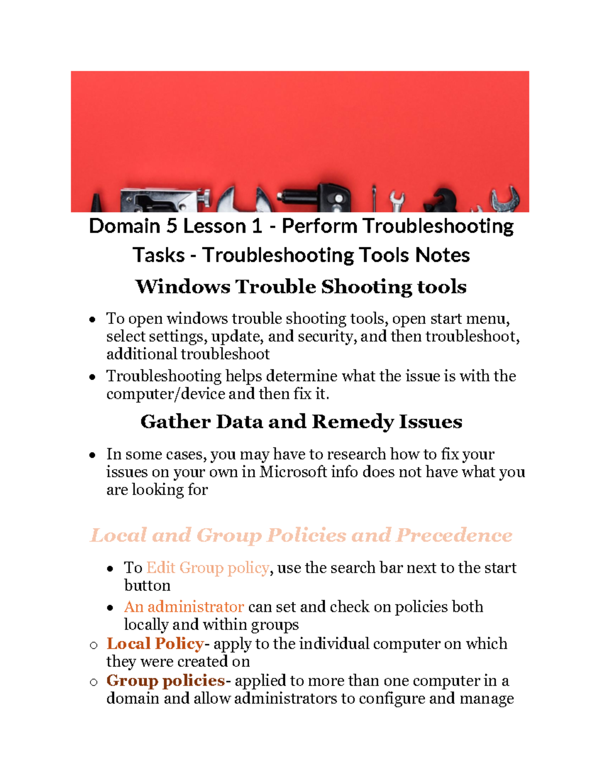 Document 2 - stuff - Domain 5 Lesson 1 - Perform Troubleshooting Tasks ...