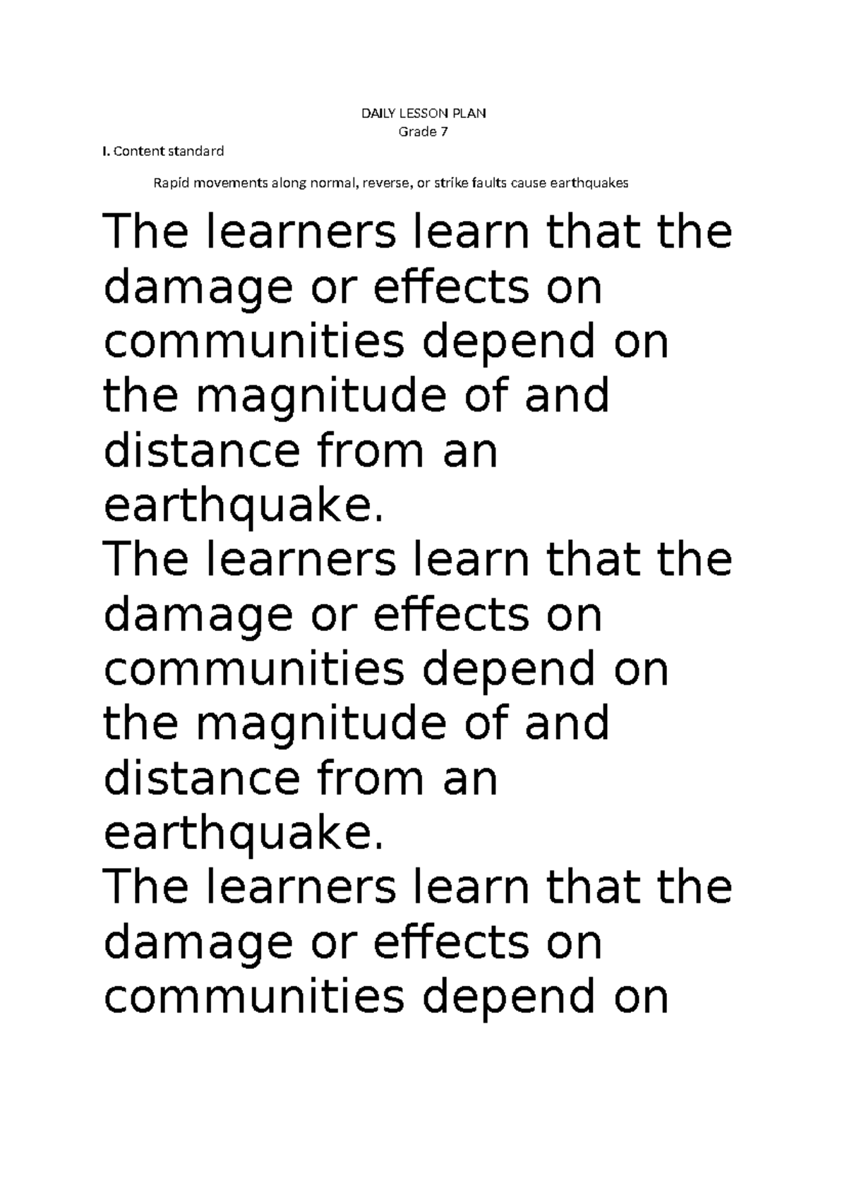 Grade 7 Daily Lesson Plan: Understanding Earthquakes and Tsunamis - Studocu