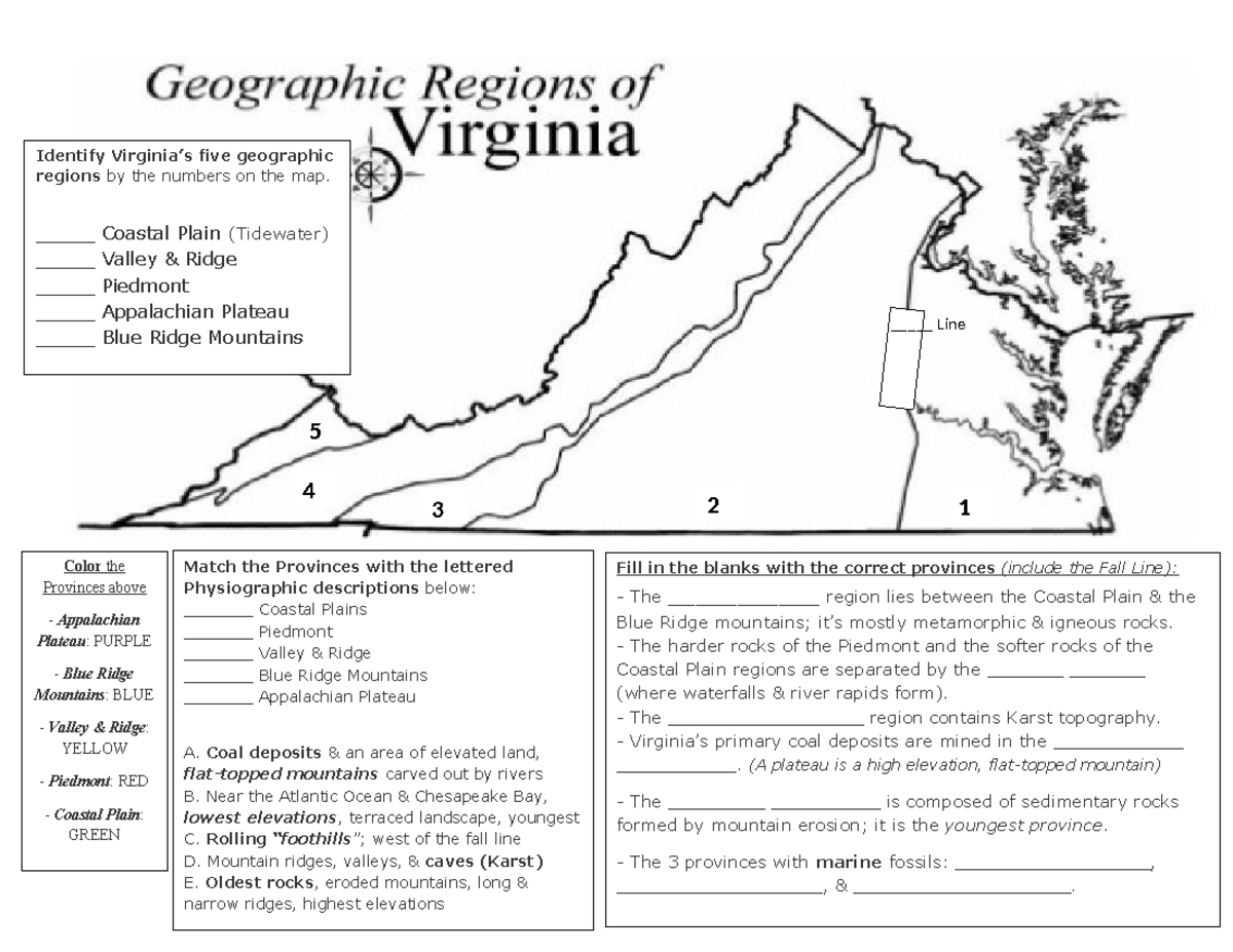 VA Provinces Map Activity Worksheet: Geographic Regions & Descriptions ...