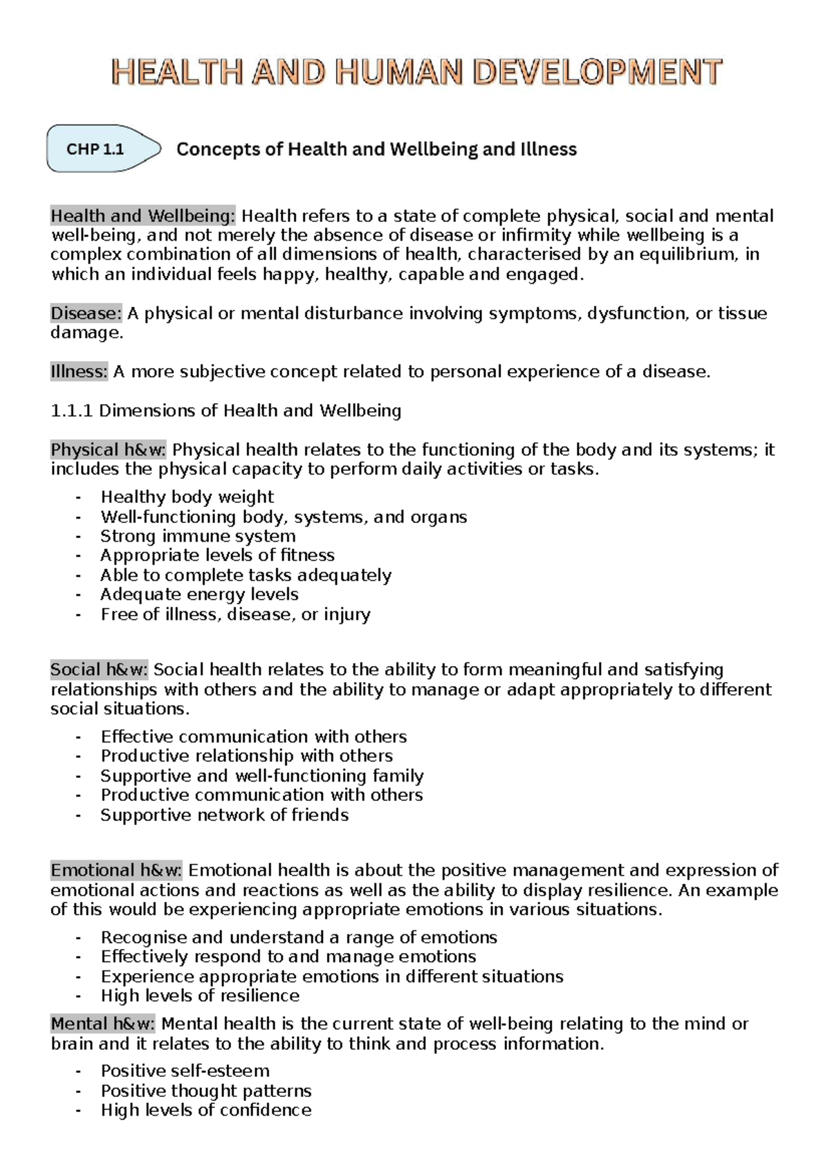 HHD Unit 1&2: Health and Wellbeing Overview and Key Concepts - Studocu