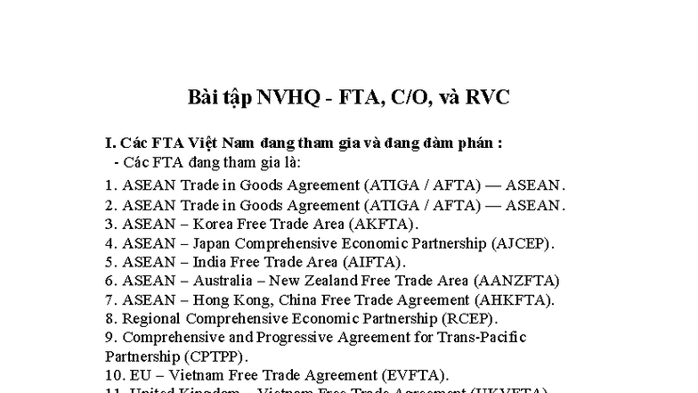 Bài tập NVHQ FTA và RVC I: Các FTA Việt Nam Tham Gia và Đàm Phán - Studocu