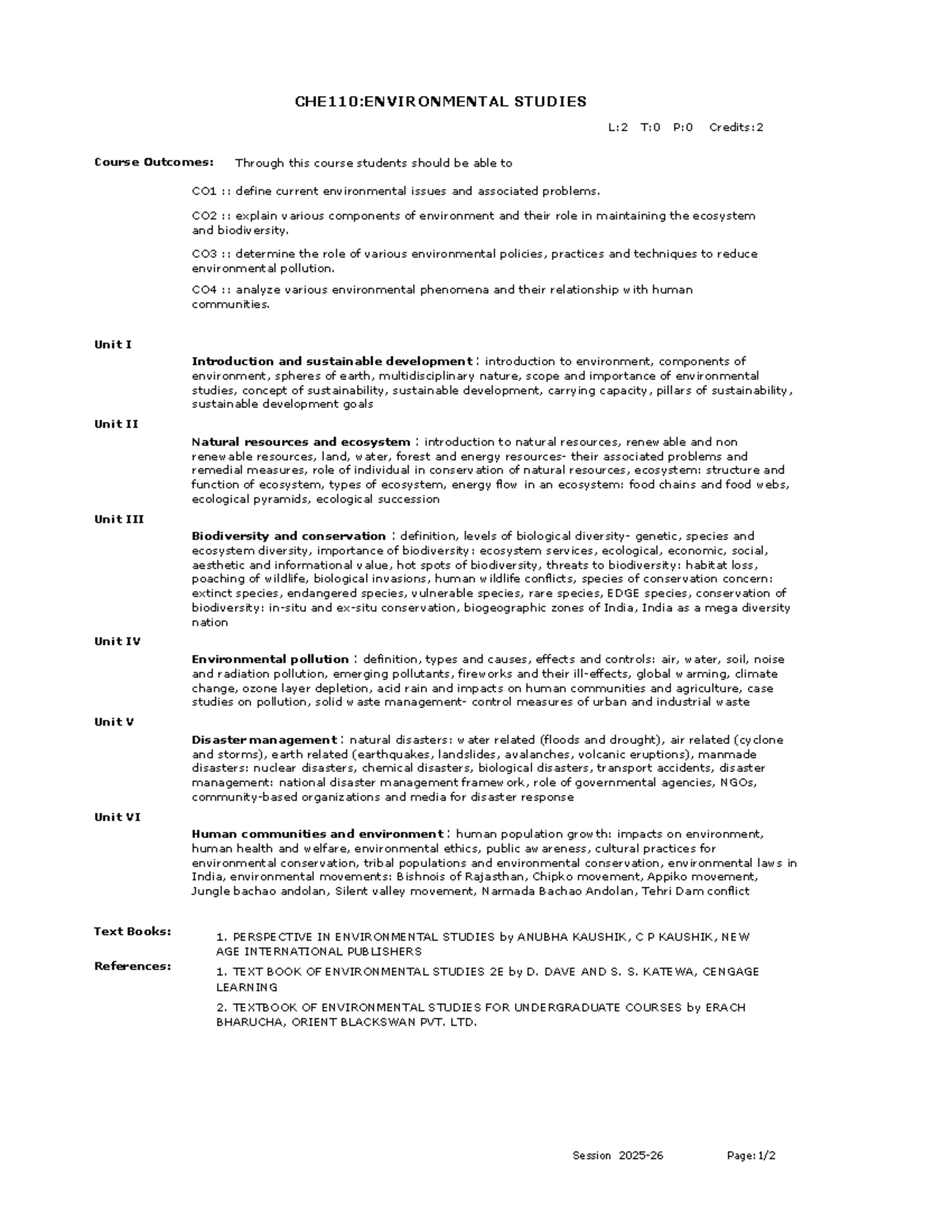 CHE110: Environmental Studies Syllabus and Course Outcomes - Studocu