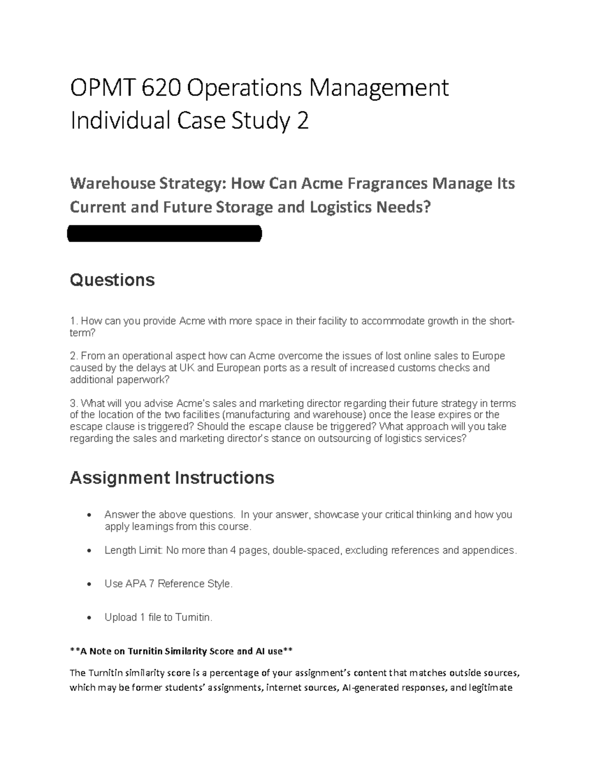 OPMT 620 Case Study 2: Warehouse Strategy for Acme Fragrances - Studocu