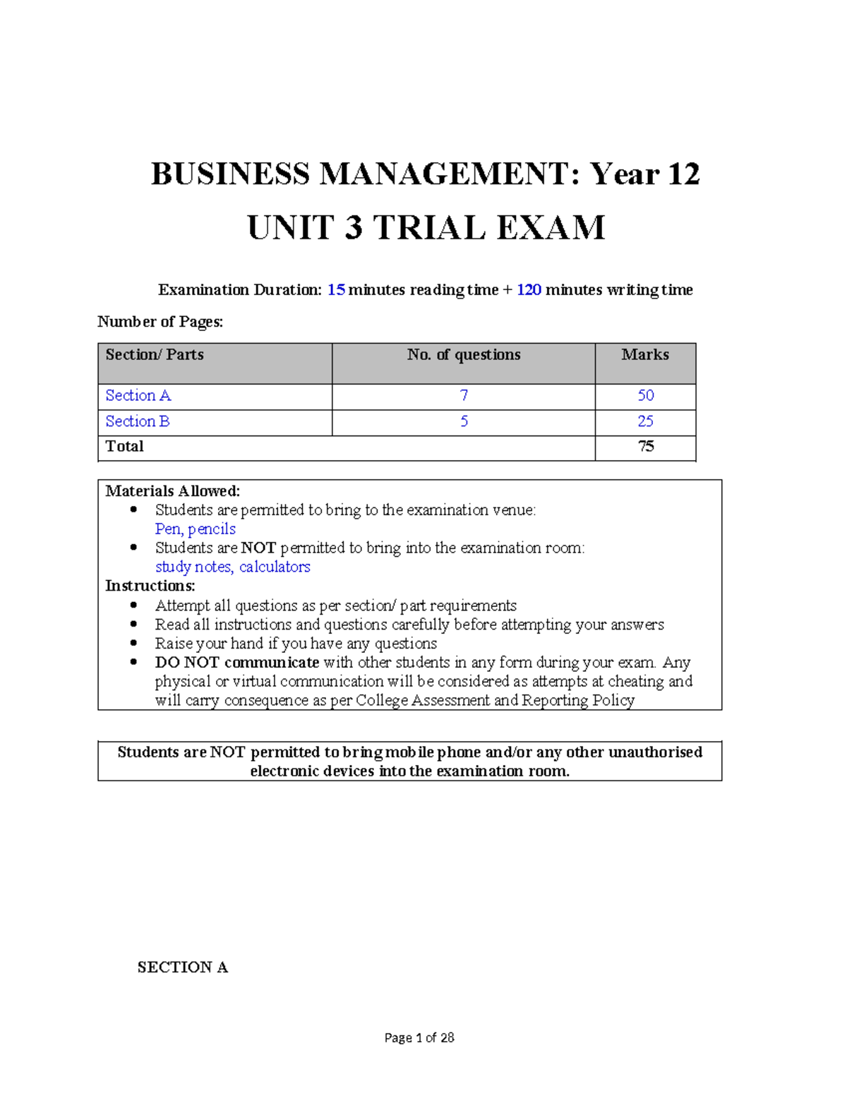 Business Management 2023: Year 12 Unit 3 Trial Exam Guide - Studocu