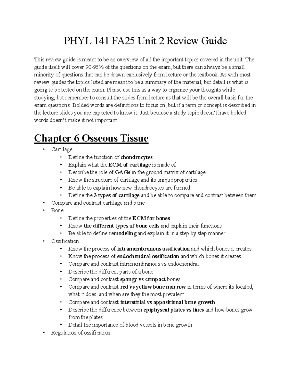 PHYL 141 FA25 Unit 2 Midterm Review: Osseous Tissue & Skeleton - Studocu