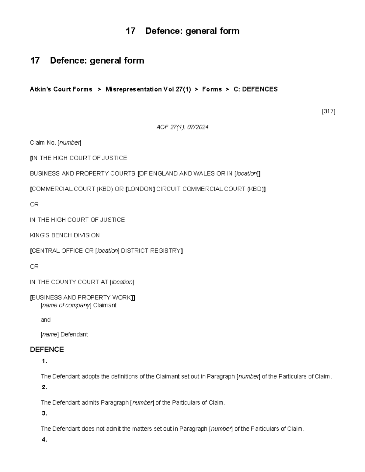 17 ACF 27(1) Defence General Form: Misrepresentation & Court Forms ...