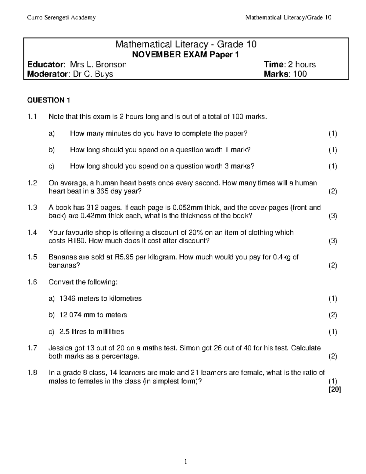 Mathematical Literacy Grade 10 - November Exam Paper 1 - Studocu