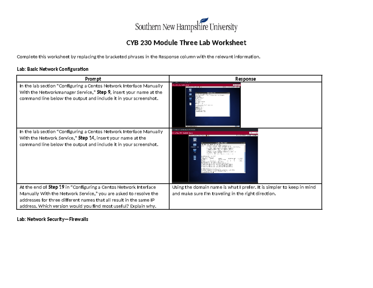 CYB 230 Module 3 Lab Worksheet: Basic Network Config & Security - Studocu