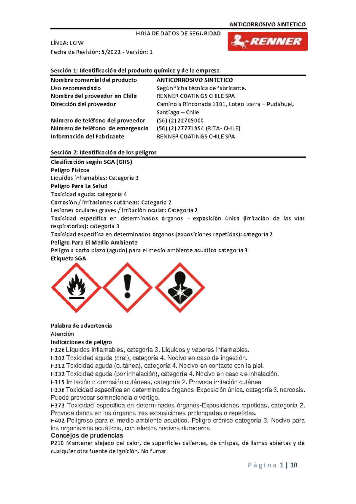 Hoja de Datos de Seguridad: HDS Anticorrosivo Sintético NCH 2245-2021 ...