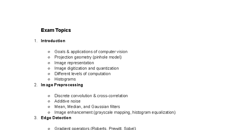 CS 101: Final Exam Topics in Computer Vision and Image Processing - Studocu