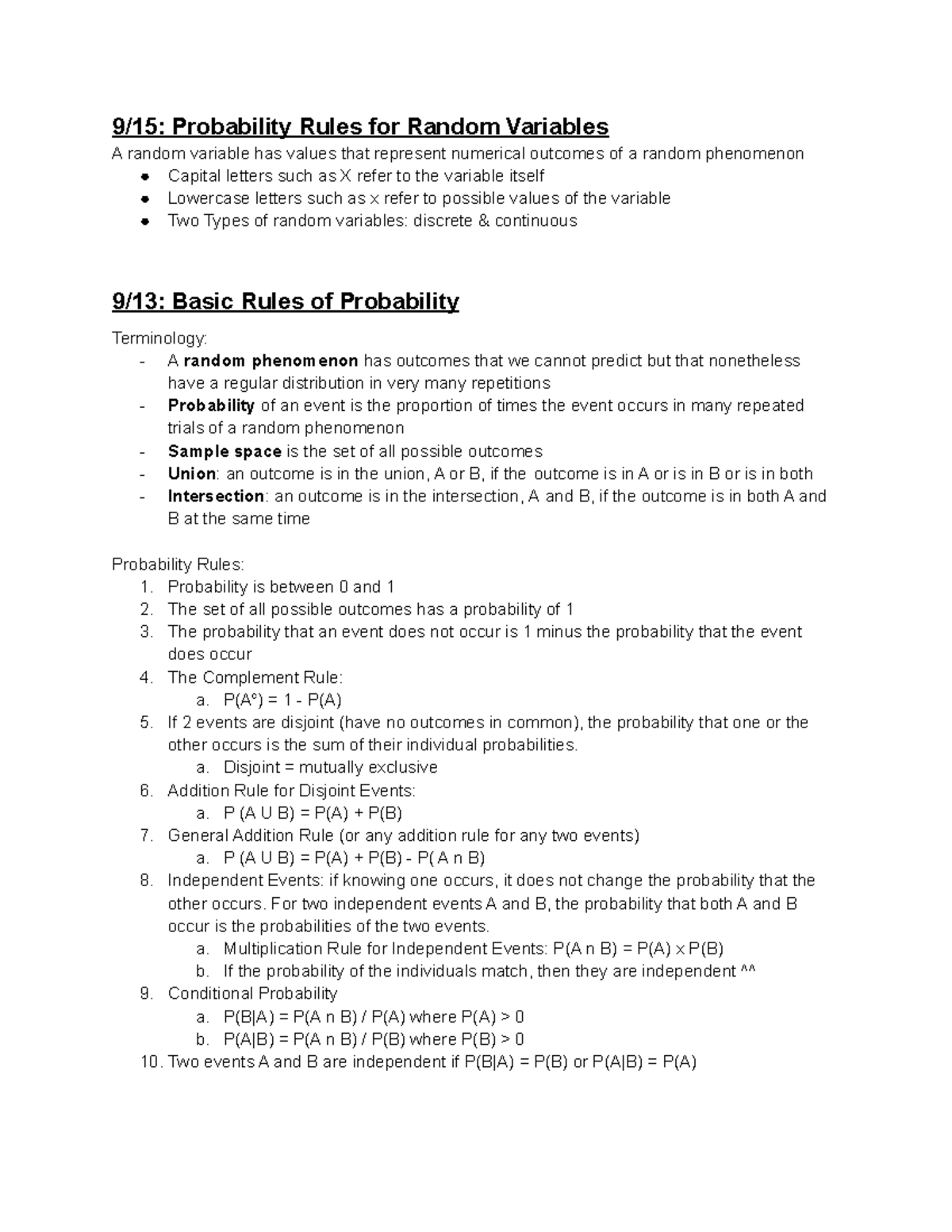 STAT Chapter 1.0 Notes - 9/15: Probability Rules for Random Variables A ...