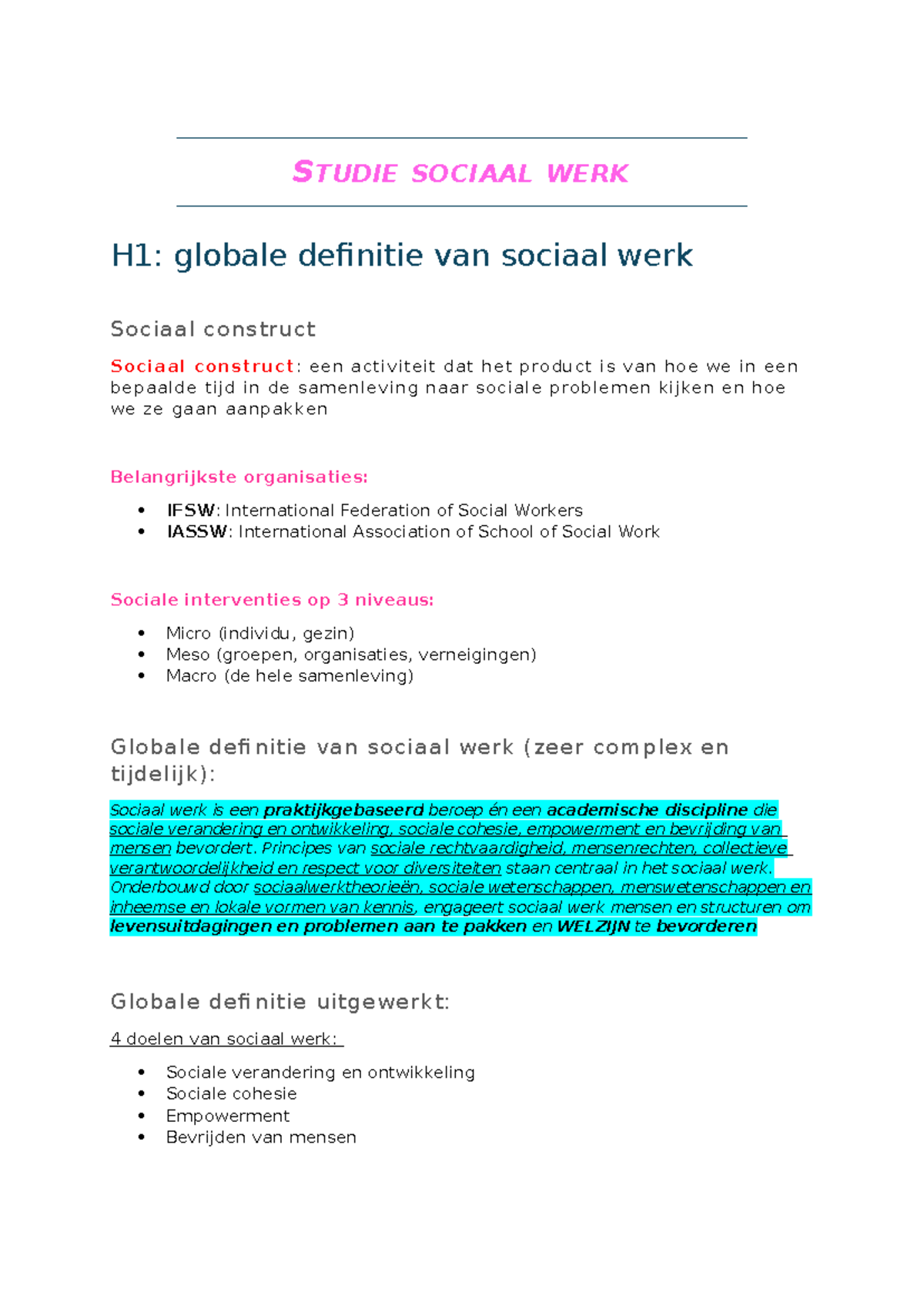 SOCIAAL WERK H1: Globale Definitie en Ontwikkelingen in Sociaal Werk ...