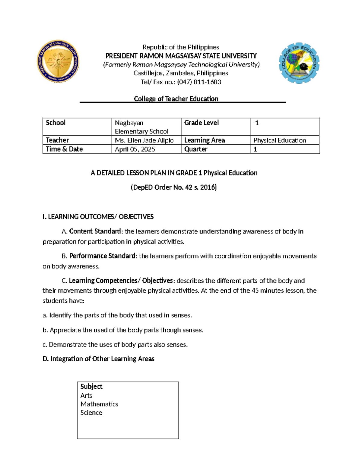 Detailed Lesson Plan in Grade 1 Physical Education (PE 101) - Studocu