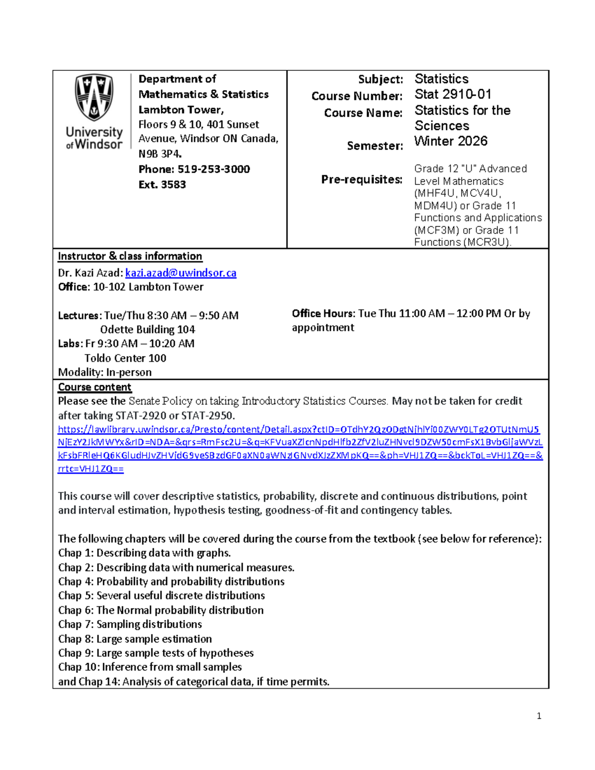 Stat 2910 01 Course Outline: Statistics for the Sciences - Winter 2026 ...