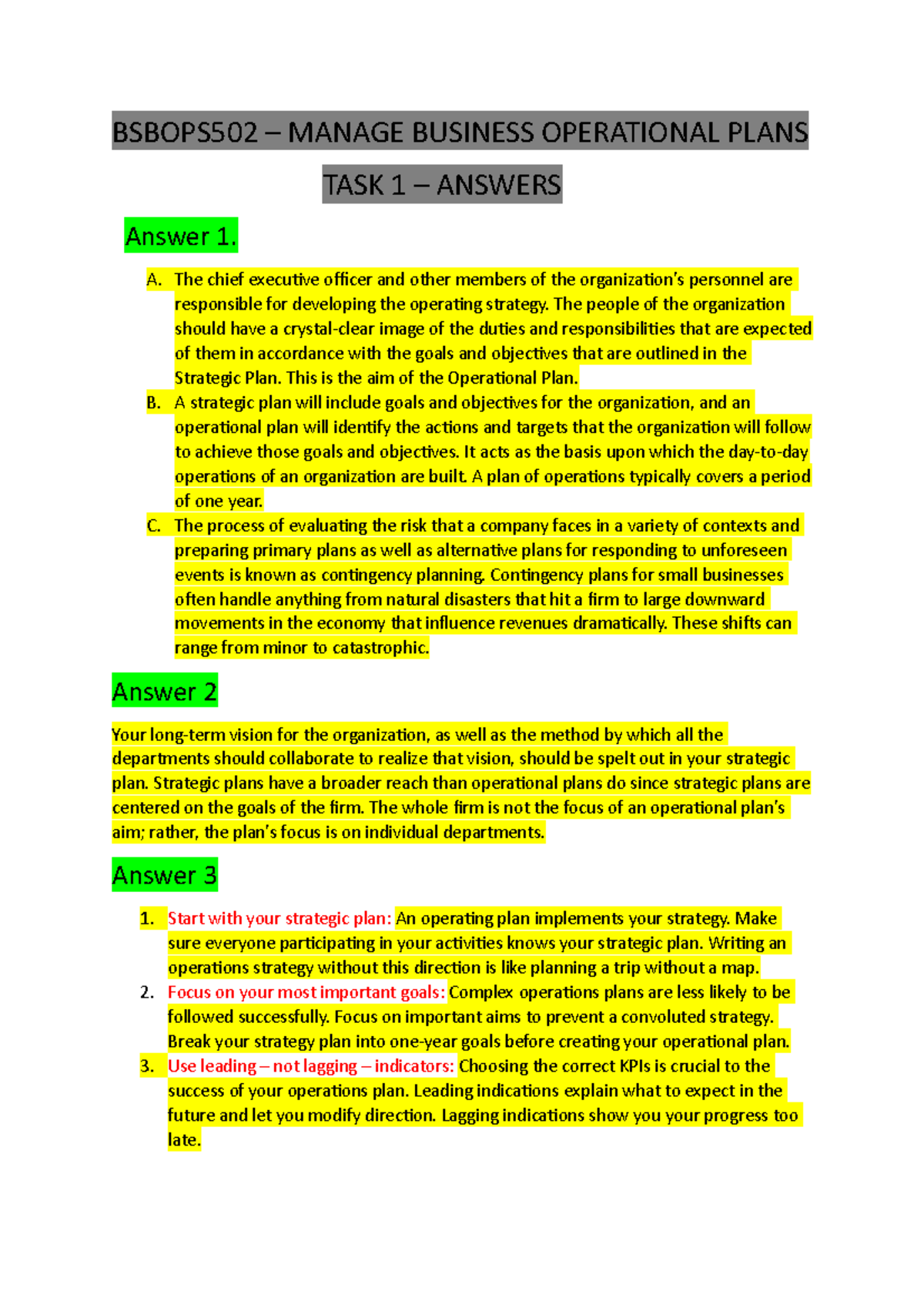 BSBOPS502 Task 1 Answers: Managing Business Operational Plans - Studocu