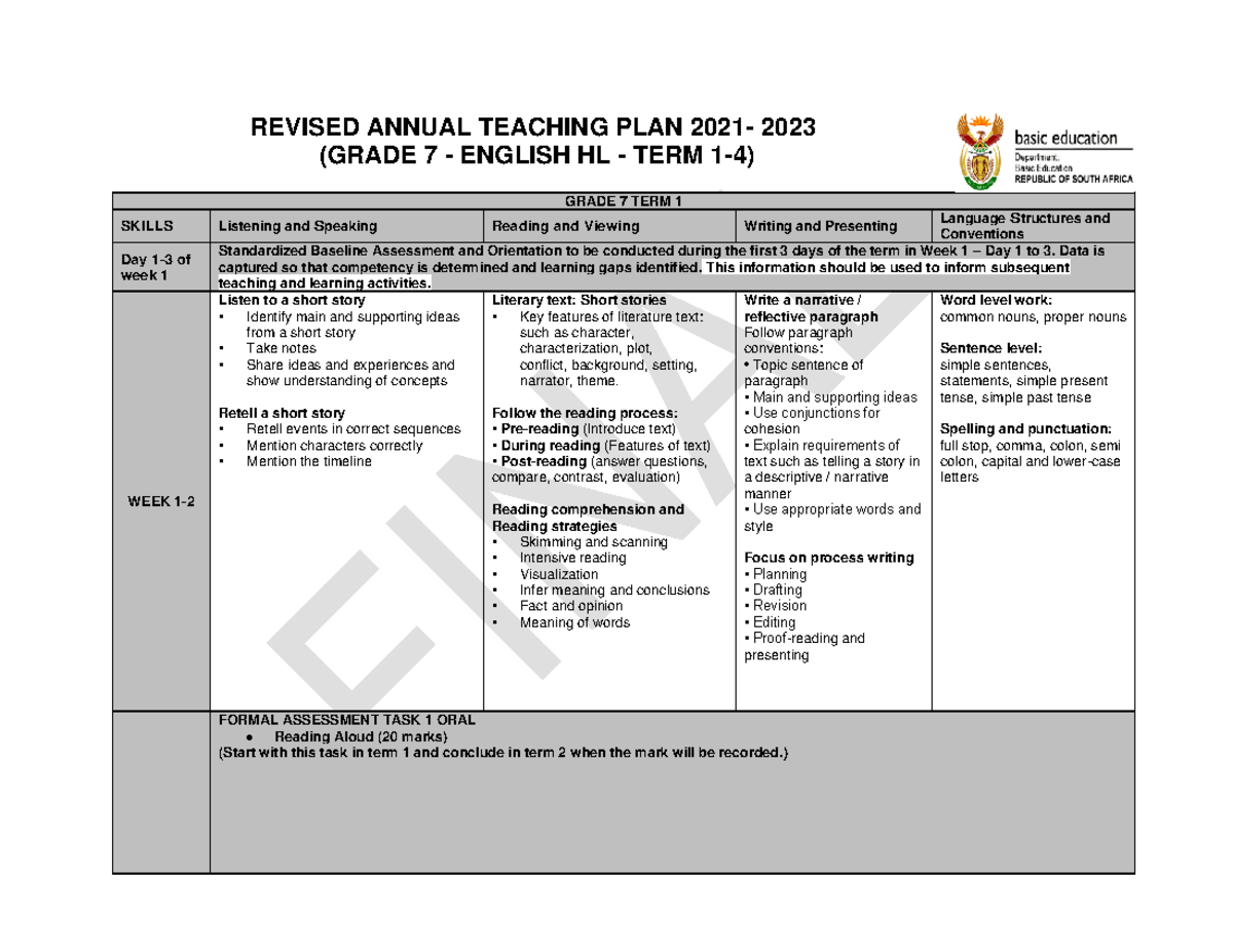 Grade 7 English HL Teaching Plan (2021-2023) with Assessment Overview ...