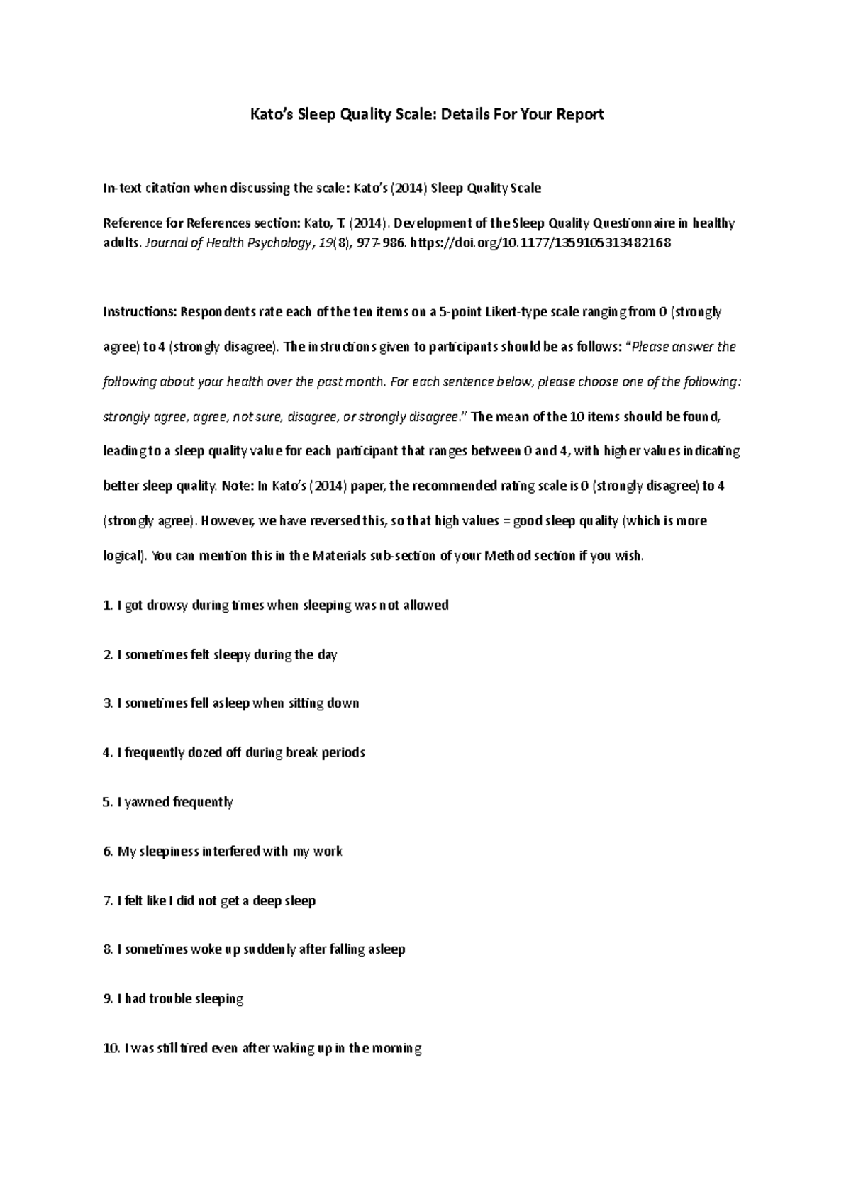 Sleep Quality Scale To Use - Kato’s Sleep Quality Scale: Details For ...