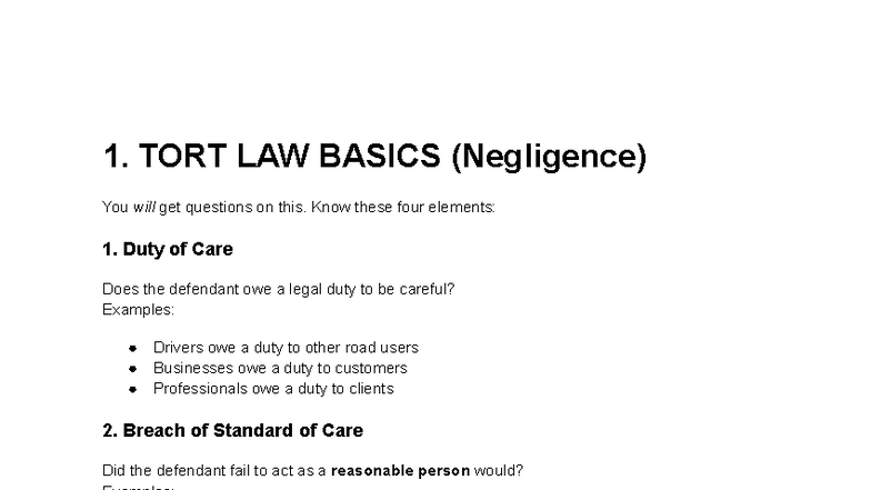 Final Exam Cheat Sheet: Tort Law Basics & Key Concepts (LAW 101) - Studocu