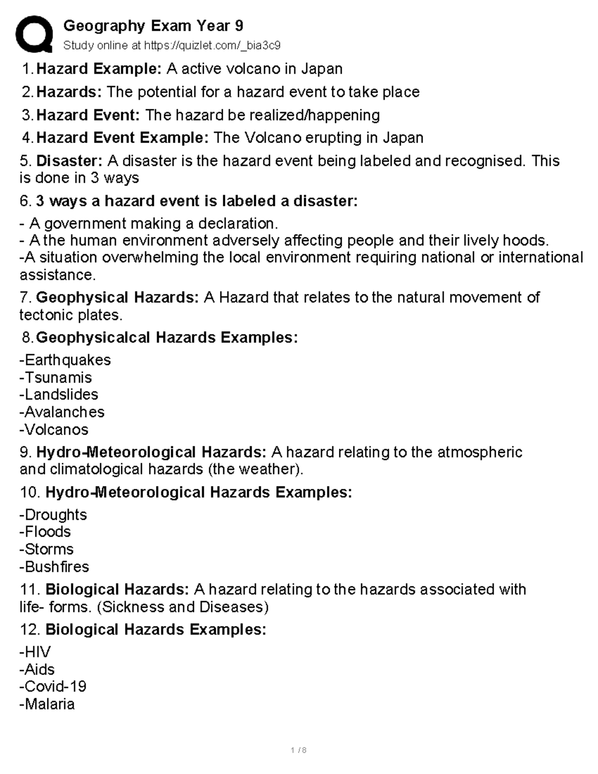 Geography Year 9 Exam Notes: Hazards, Development, and Population ...
