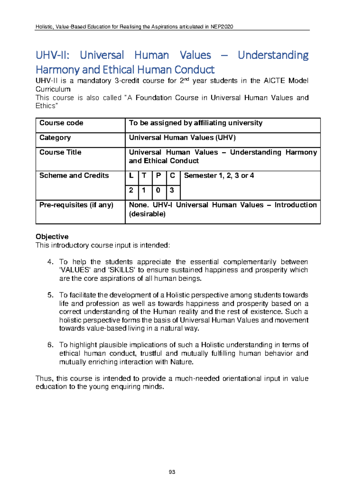 UHV-II Syllabus: Universal Human Values & Ethical Conduct Overview ...