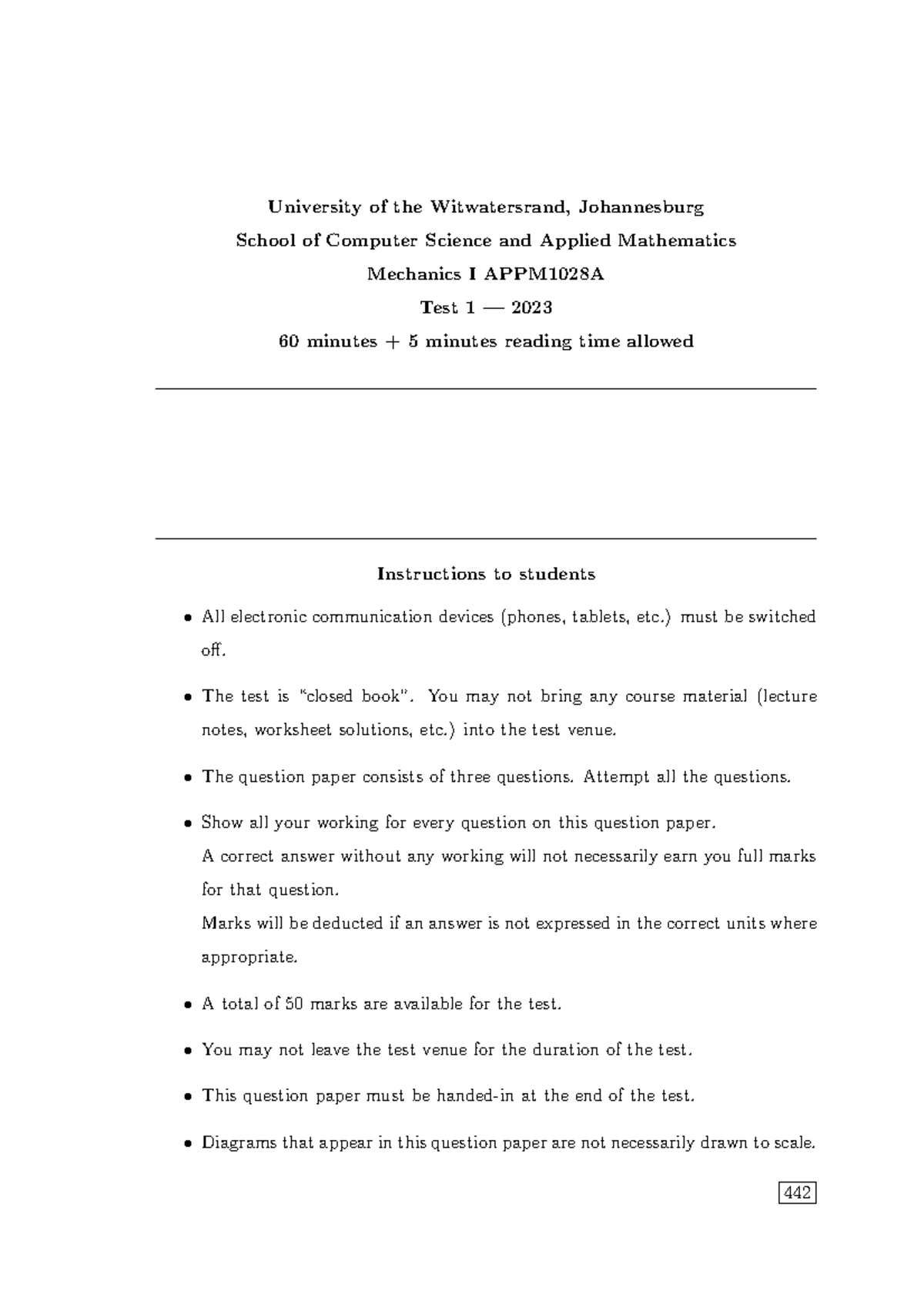 APPM1028A Mechanics I Test 1 Sample Paper 2023 - Studocu