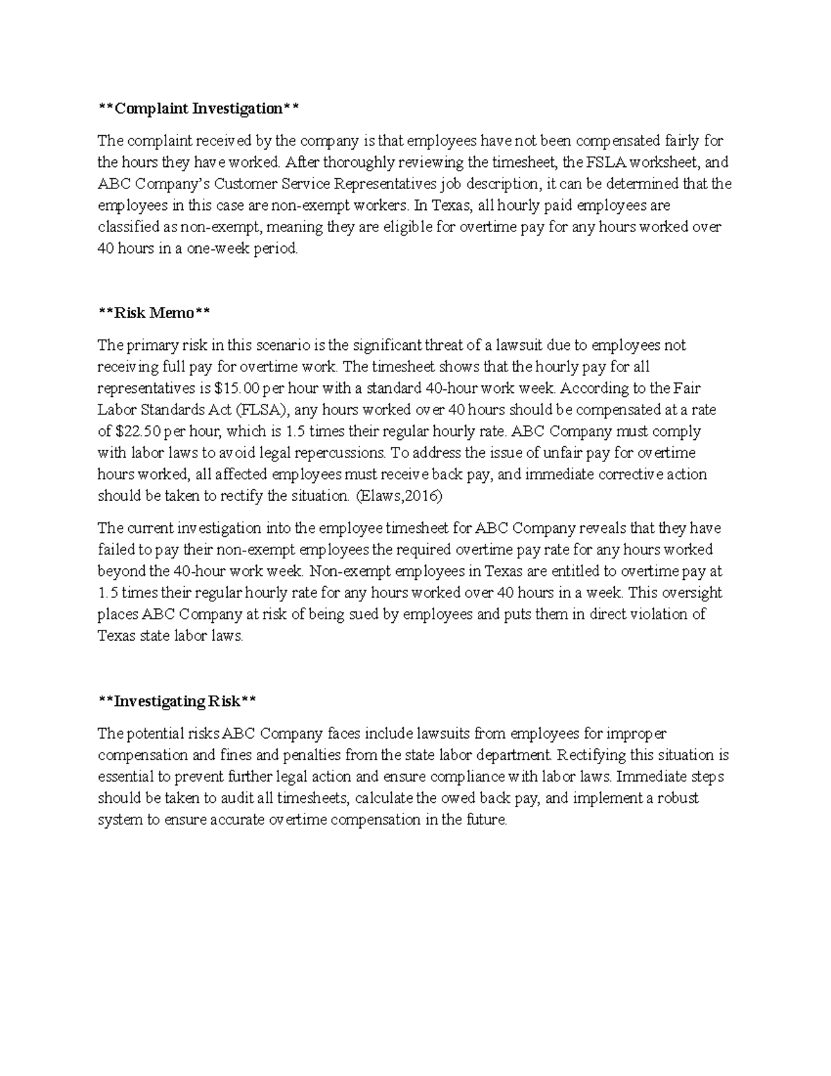 HRM-225 Milestone 1: Risk Memo on Overtime Compensation Issues - Studocu