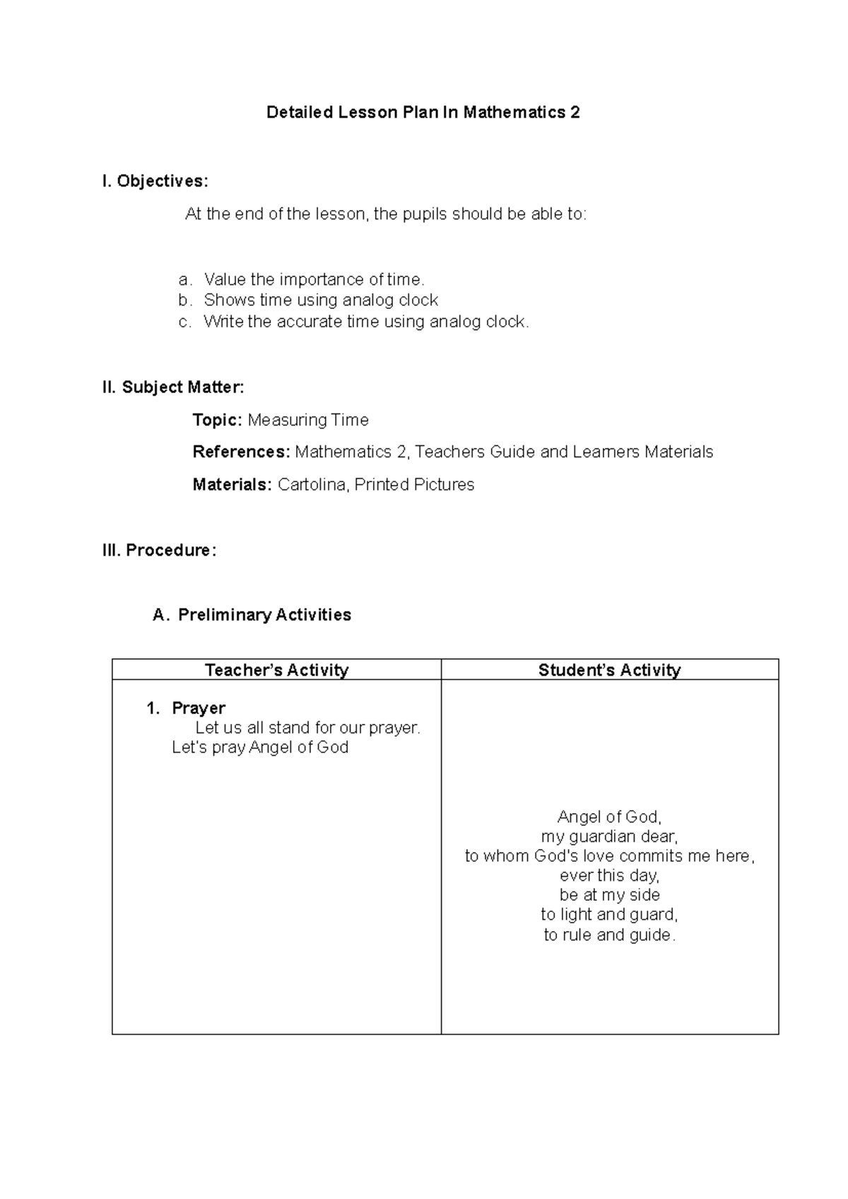 LPMath 2 - Detailed Lesson Plan on Measuring Time - Studocu