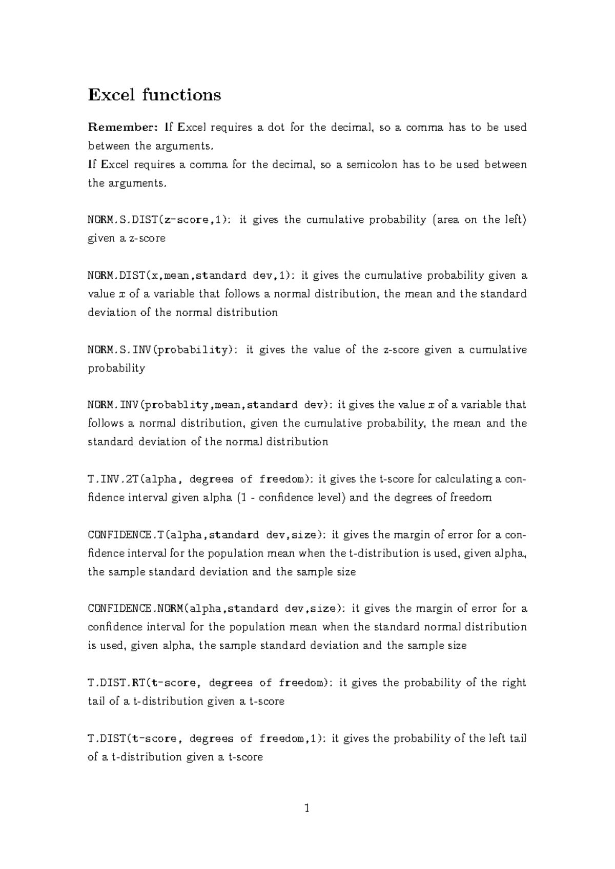 Excel Functions Overview for Statistical Analysis - Studocu
