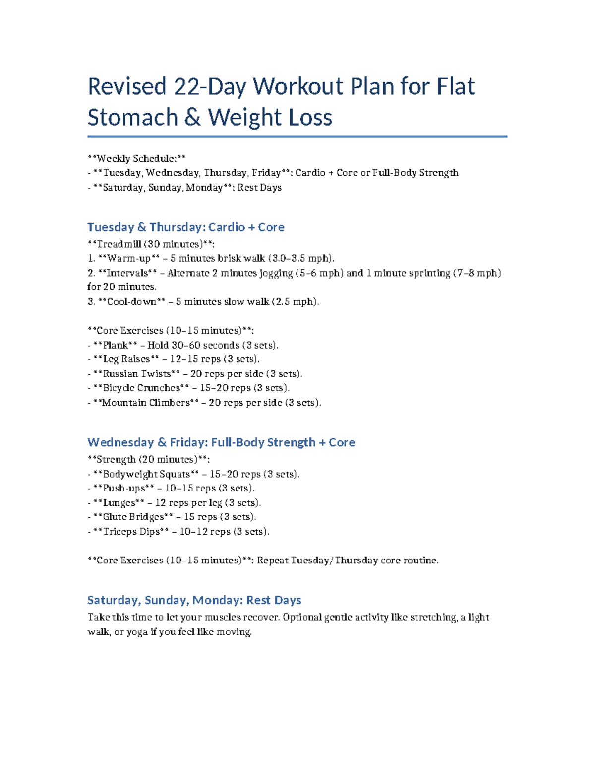 Revised 22-Day Workout Plan for Flat Stomach Weight Loss - Studocu