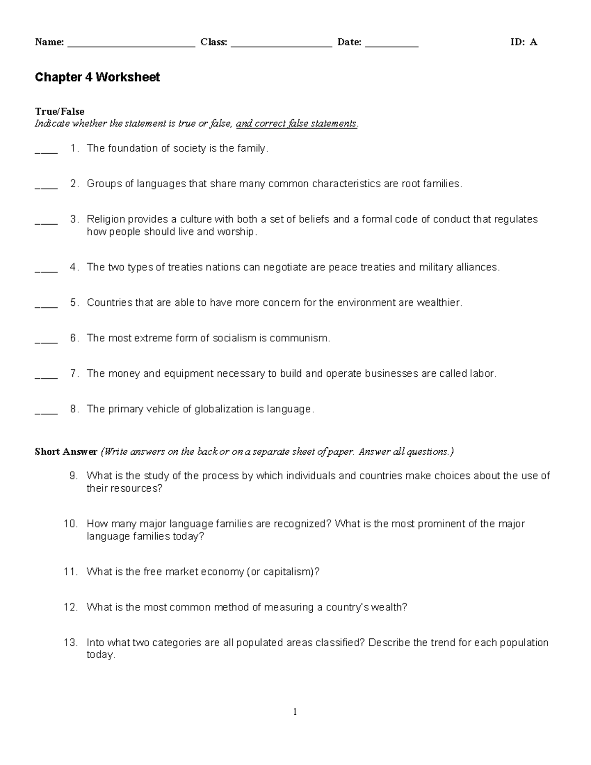 Chapter 4 Worksheet: True/False, Short Answer & Multiple Choice - Studocu