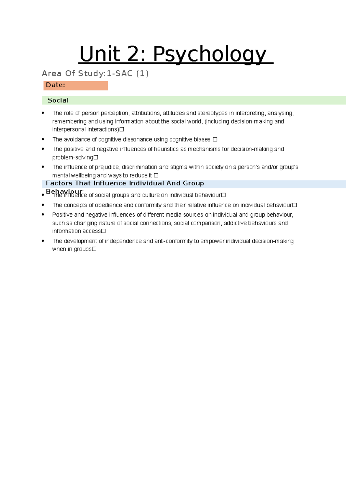 Unit 2 Psychology Checklist for AOS 1-3: Key Concepts and Influences ...