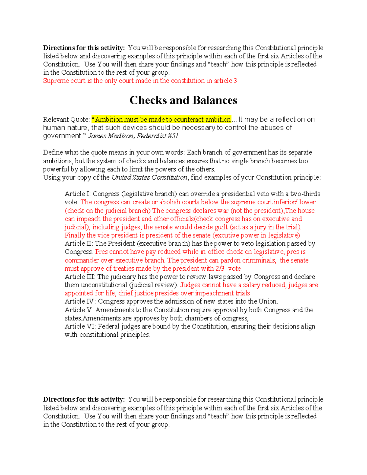 Constitutional Principles Activity: Exploring Checks & Balances, Powers ...