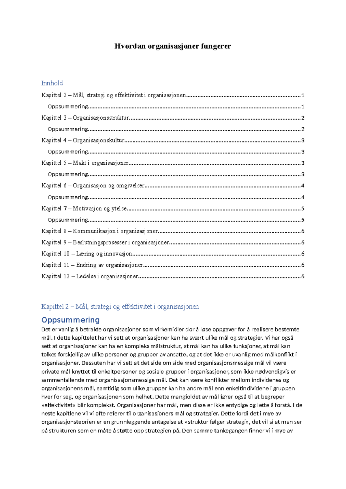 Organisasjoner: Mål, Strategi og Effektivitet - Sammendrag (Kurskode ...