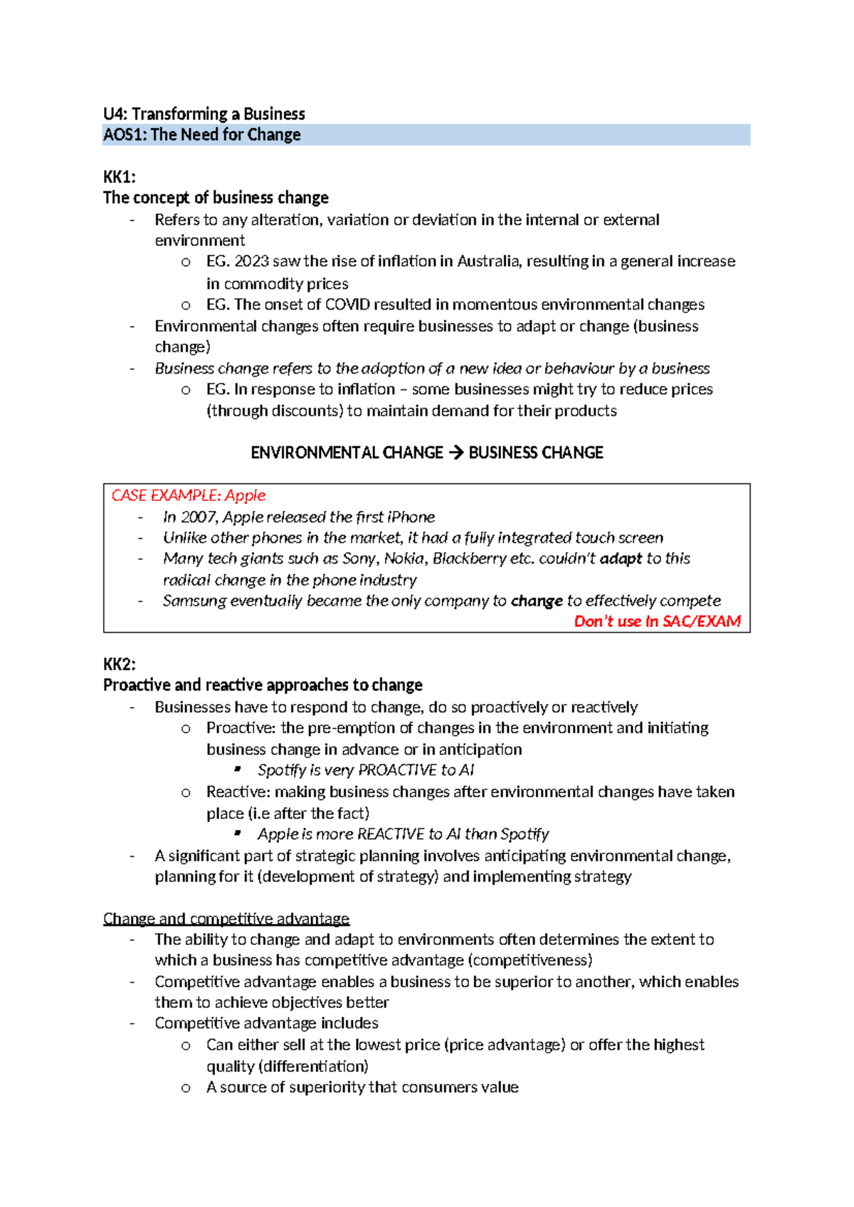 U4: AOS1 Notes on Business Change and Competitive Advantage - Studocu