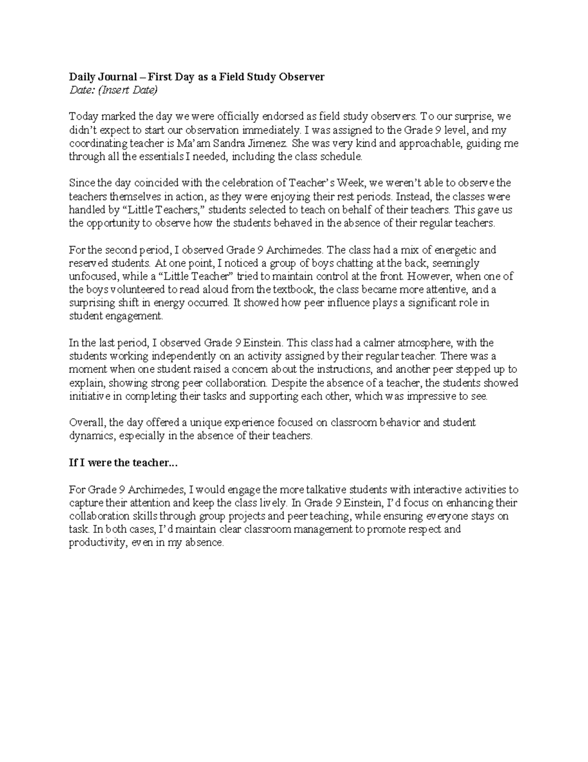 Daily Journal - dates of field study - Daily Journal – First Day as a ...