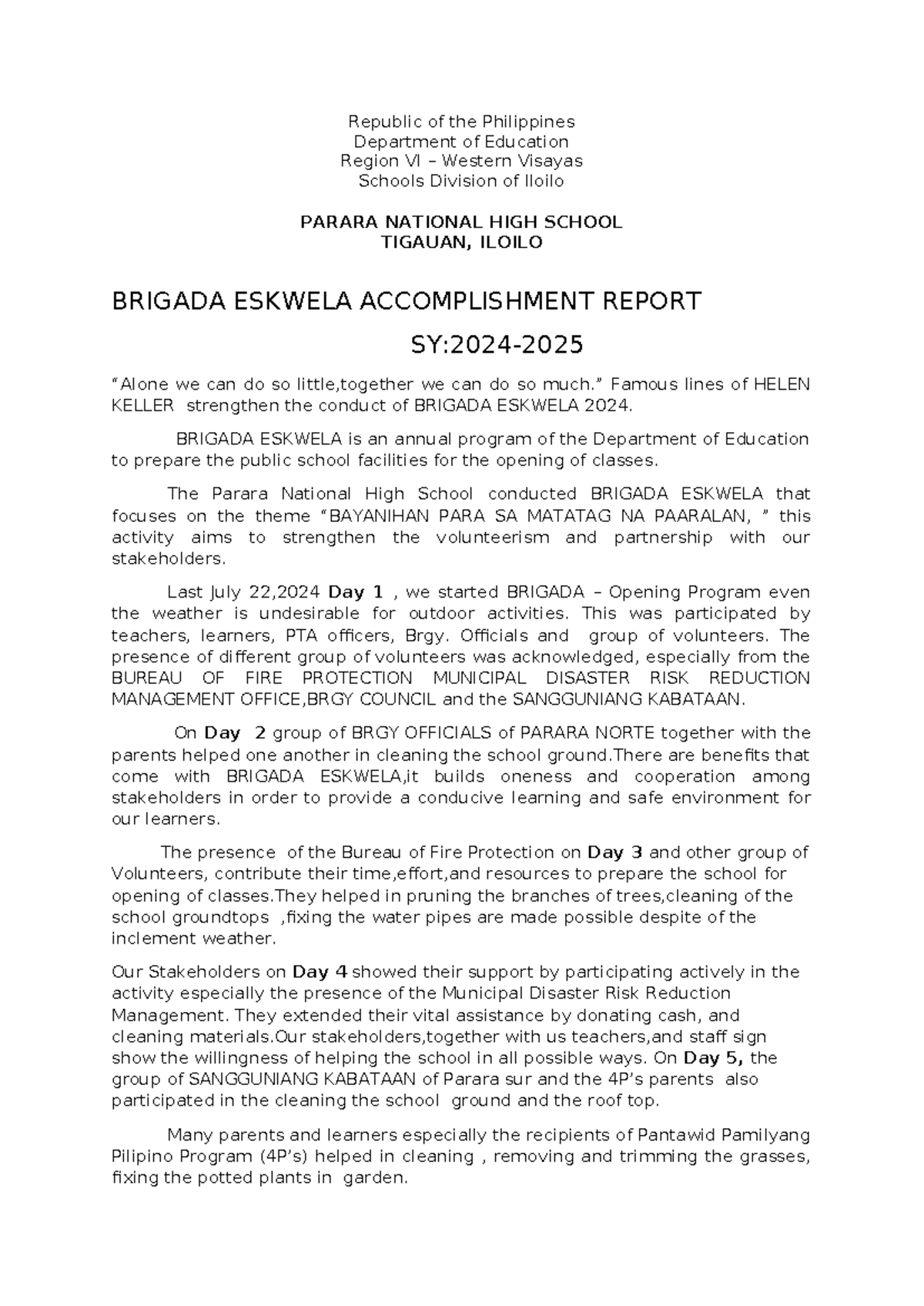 Brigada Eskwela Accomplishment Report SY 2024-2025 - Parara NH School ...