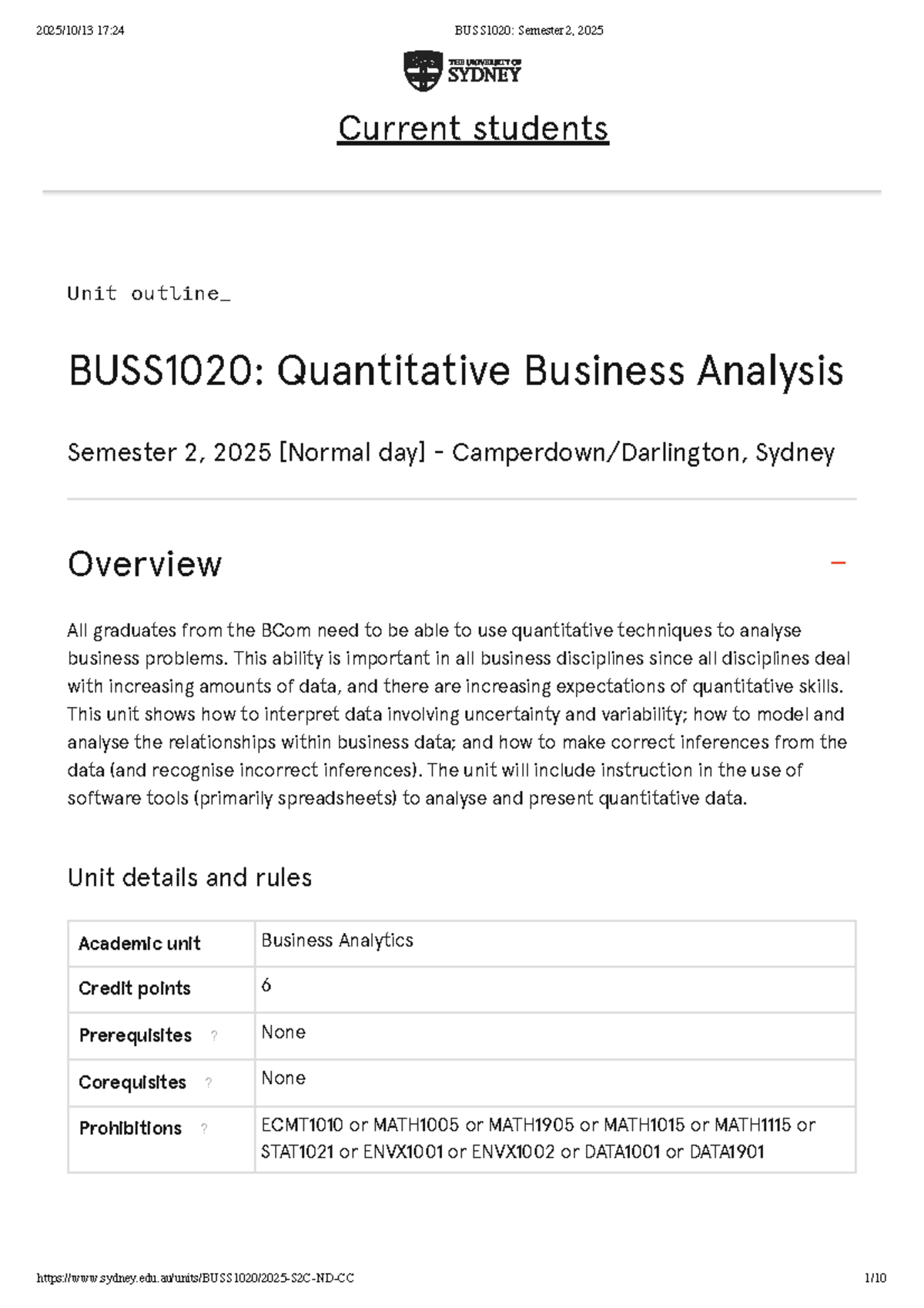 BUSS1020: Quantitative Business Analysis Unit Outline - Semester 2 ...