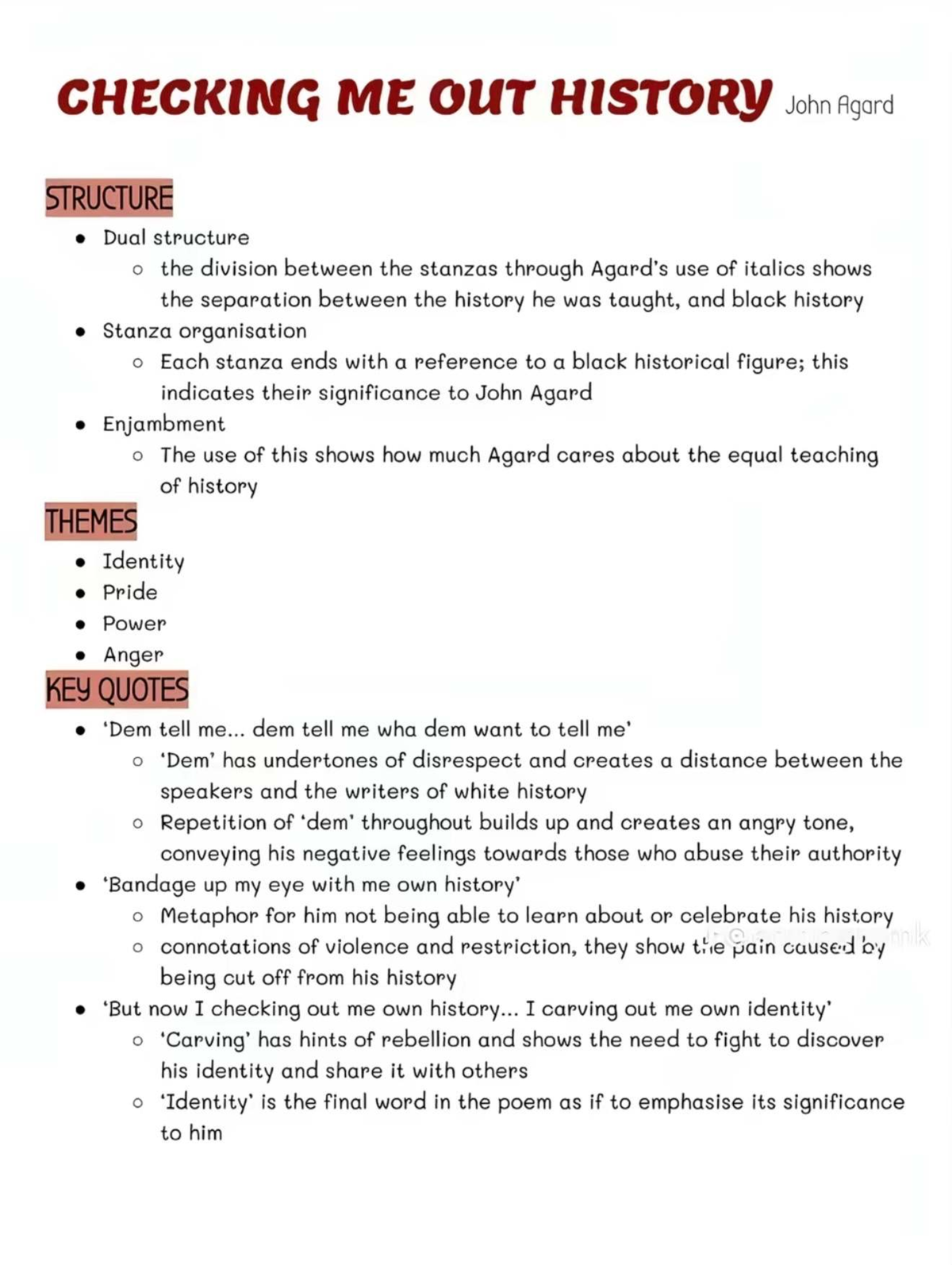 ENG101: Essay Notes on "Checking Out Me History" by John Agard - Studocu