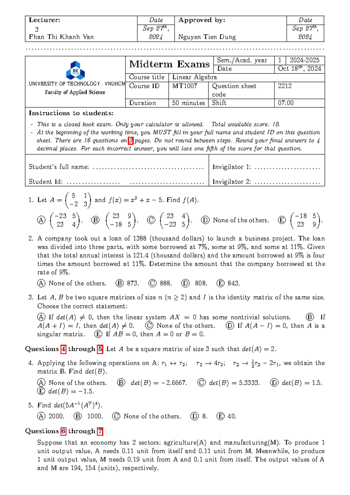 Linear Algebra MT1007 Midterm Exam Question Sheet - Oct 18, 2024 - Studocu
