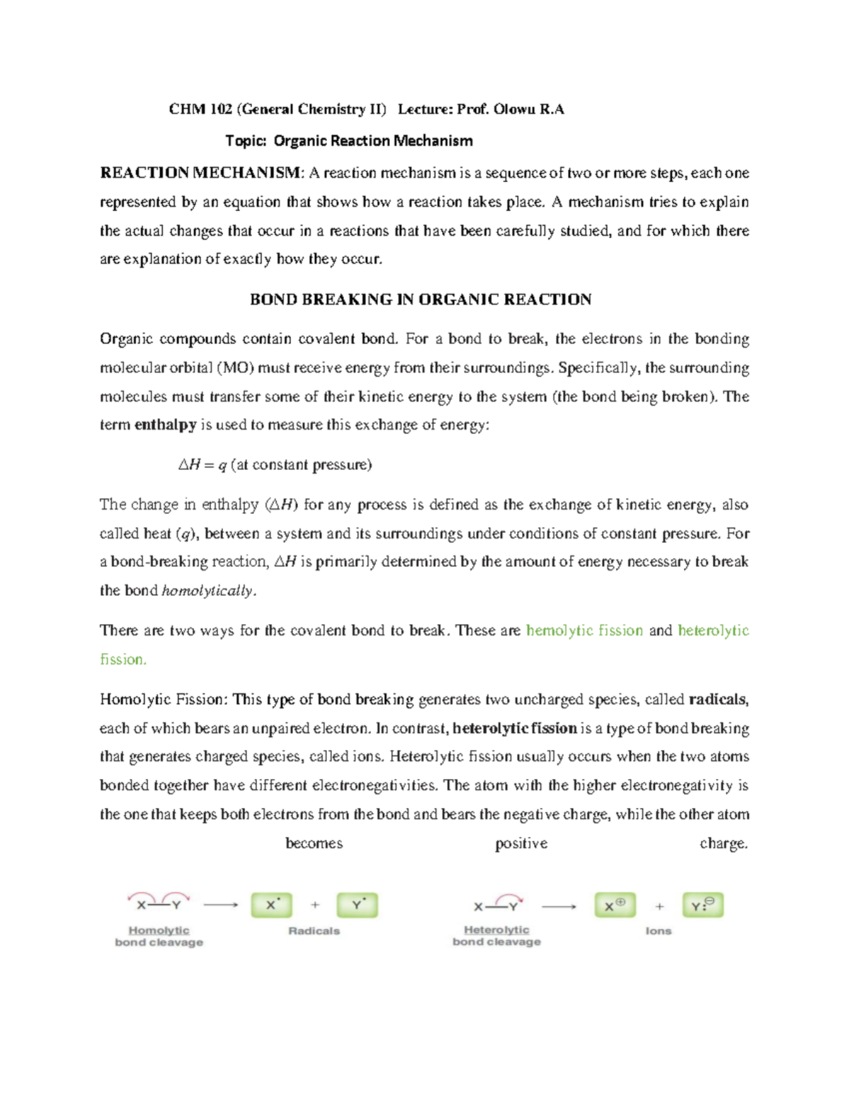 CHM 102 Lecture: Understanding Organic Reaction Mechanisms - Studocu
