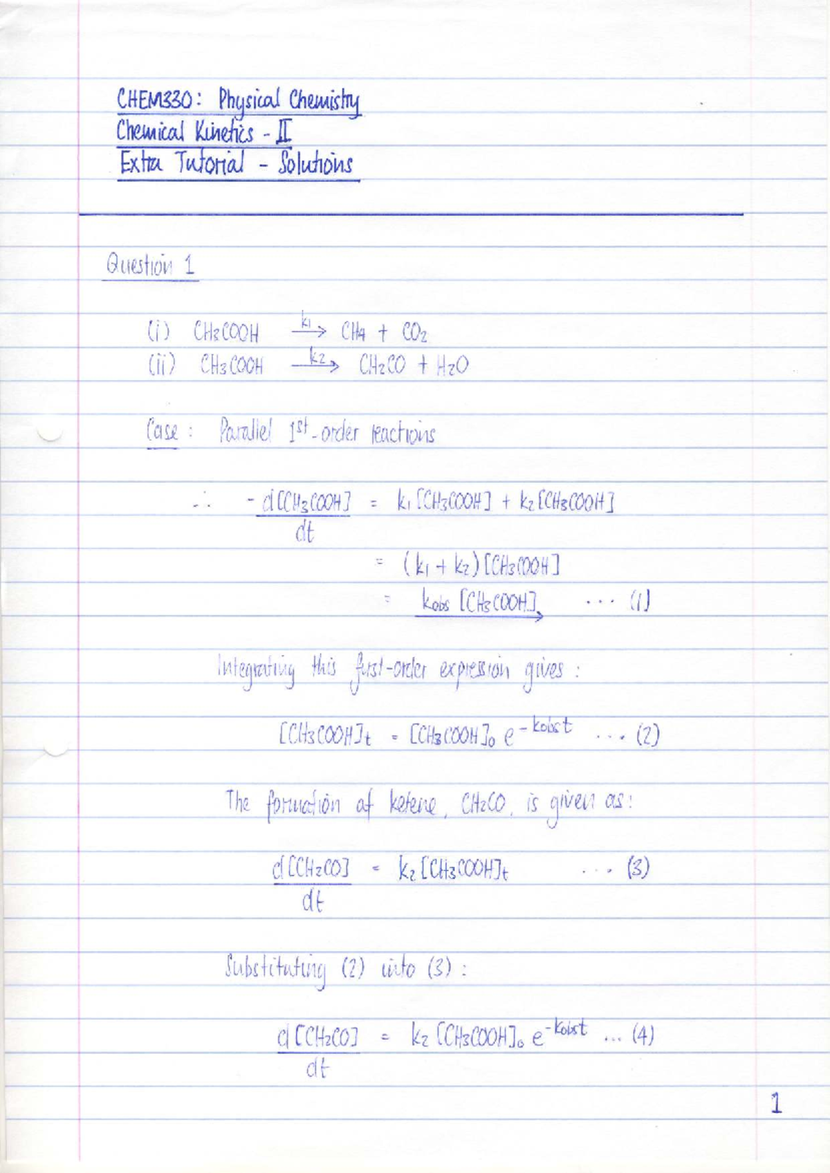 CHEM330: Chemical Kinetics II Extra Tutorial Solutions - Studocu
