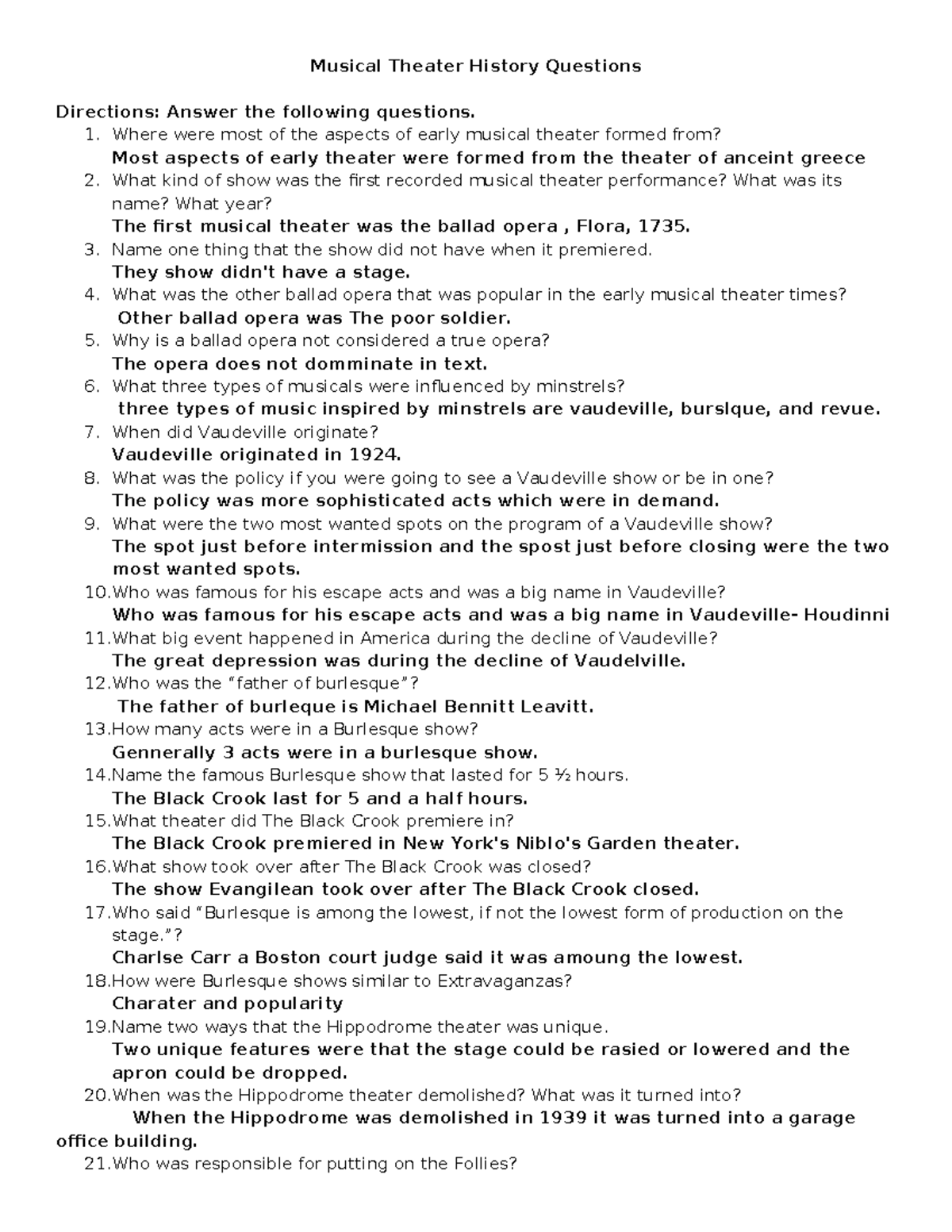 FAS Musical Theater History: Key Questions and Insights - Studocu