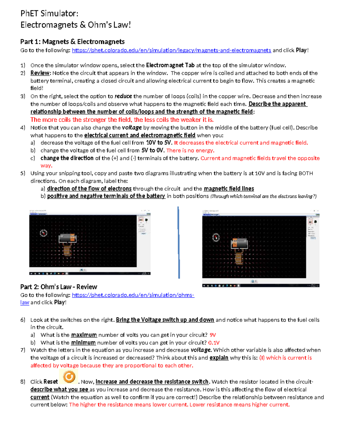 Dunn-Electromagnets & Ohm's Law Lab: PhET Simulator Guide - Studocu