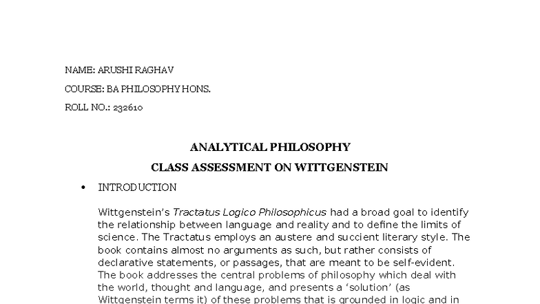BA Philosophy Hons: Analytical Assessment on Wittgenstein's Tractatus ...