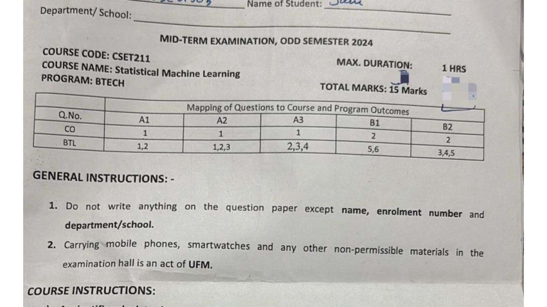 Cset211 Statistical Machine Learning End Semester Exam 2024 Studocu
