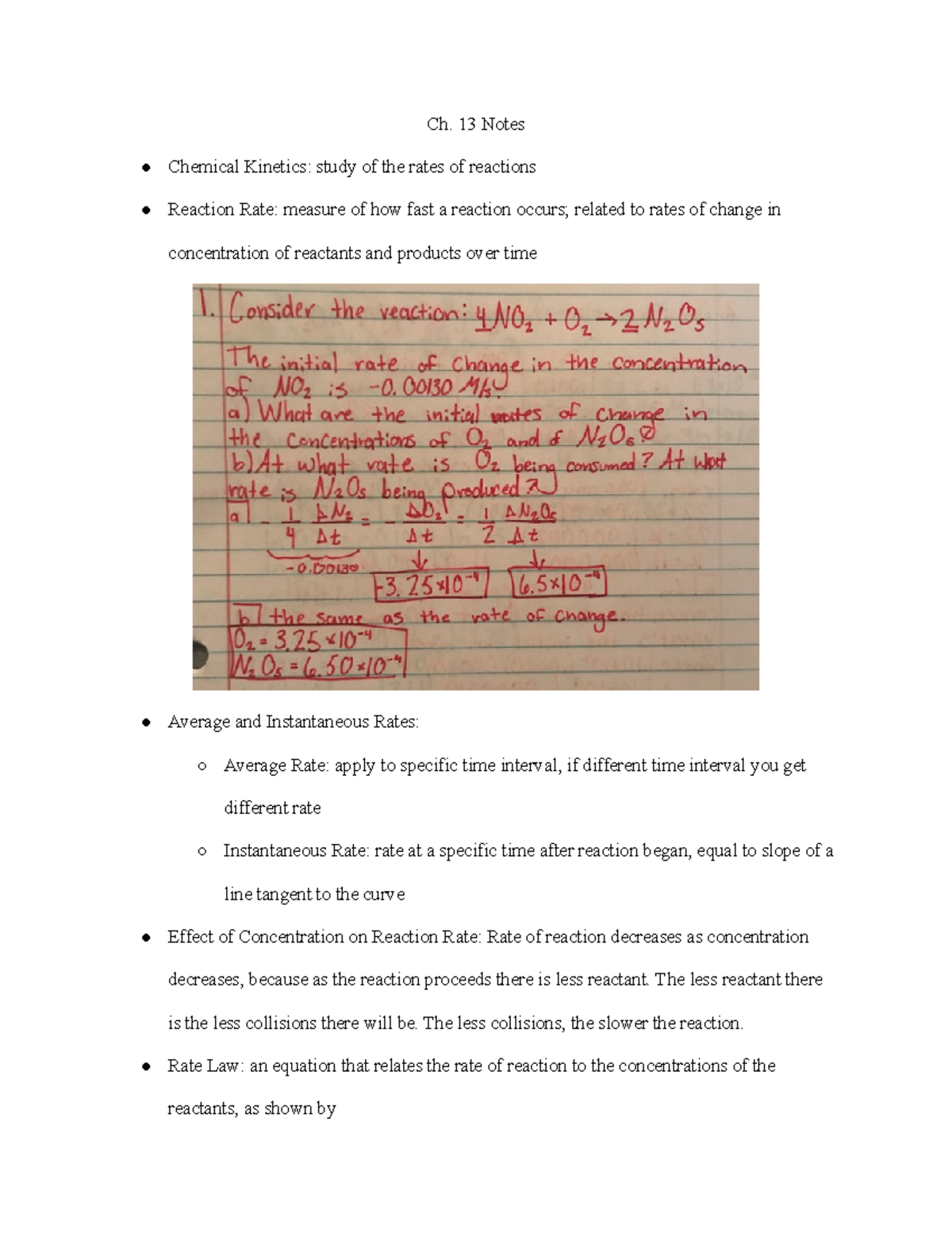 Chem 2 Ch. 13 Notes - Ch. 13 Notes Chemical Kinetics: study of the ...