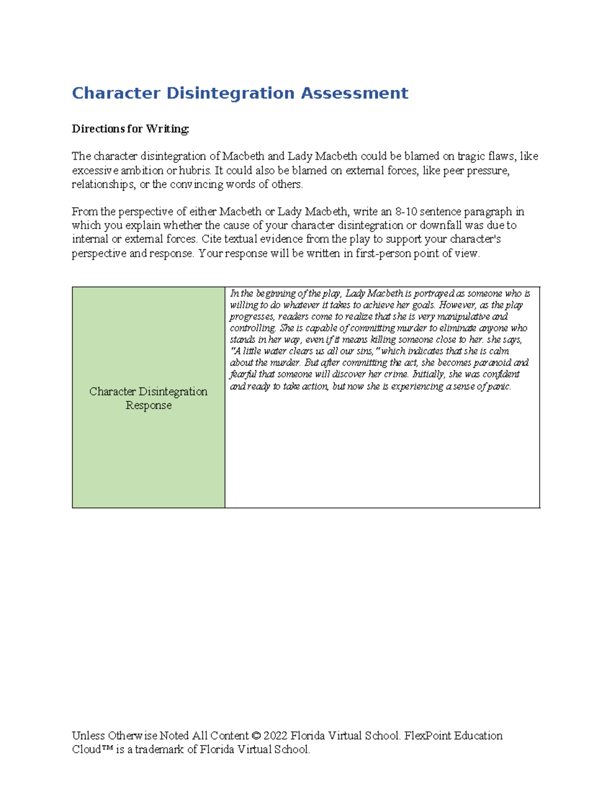 English 2 Honors Character Disintegration Assessment: Macbeth & Lady ...