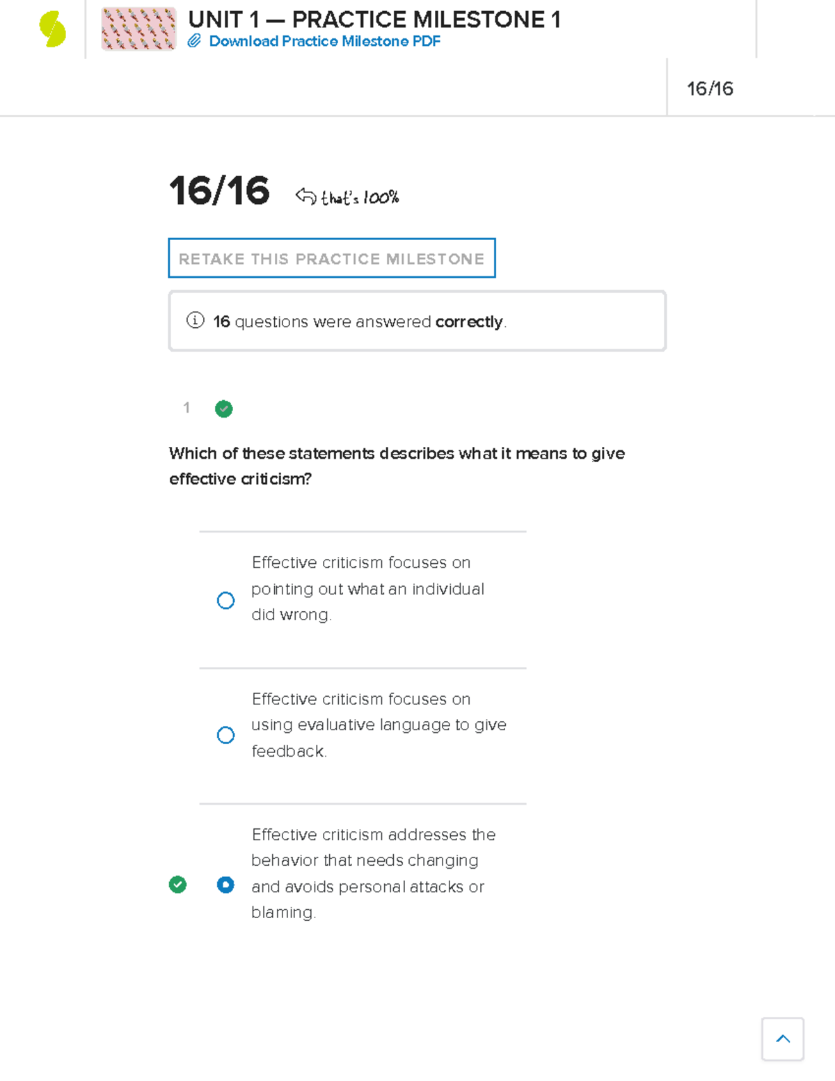 Unit 1 - Practice Milestone 1: Effective Criticism & Listening Skills ...