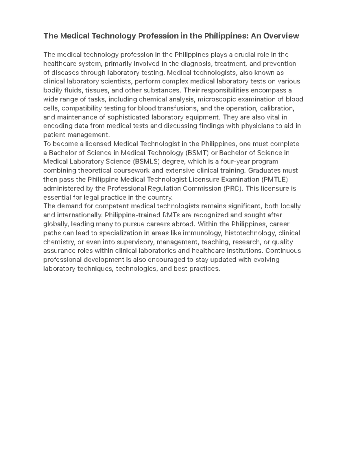 Medical Technology Profession in the Philippines: An Overview (BSMT ...